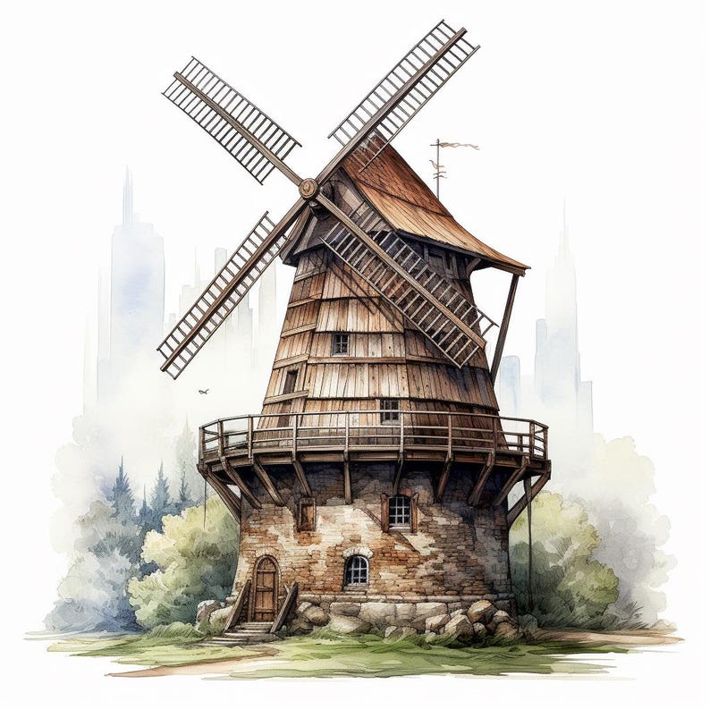 Windmill, Printable Watercolor Clipart Bundle, 10 High Quality ...