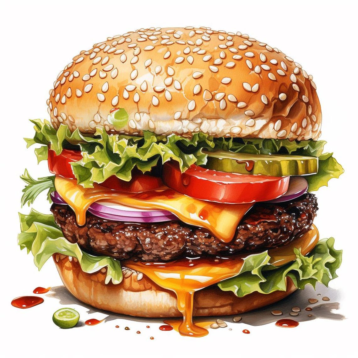 Burger, Printable Watercolor Clipart Bundle, 10 High Quality Watercolor ...