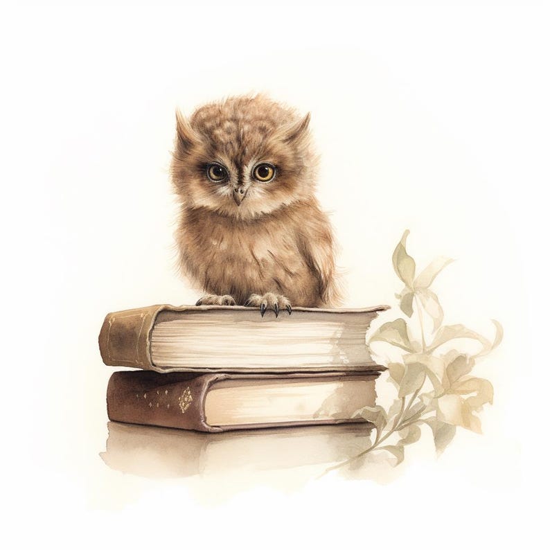 Cute Owl Sitting on a Book, Printable Watercolor Clipart, 10 High ...