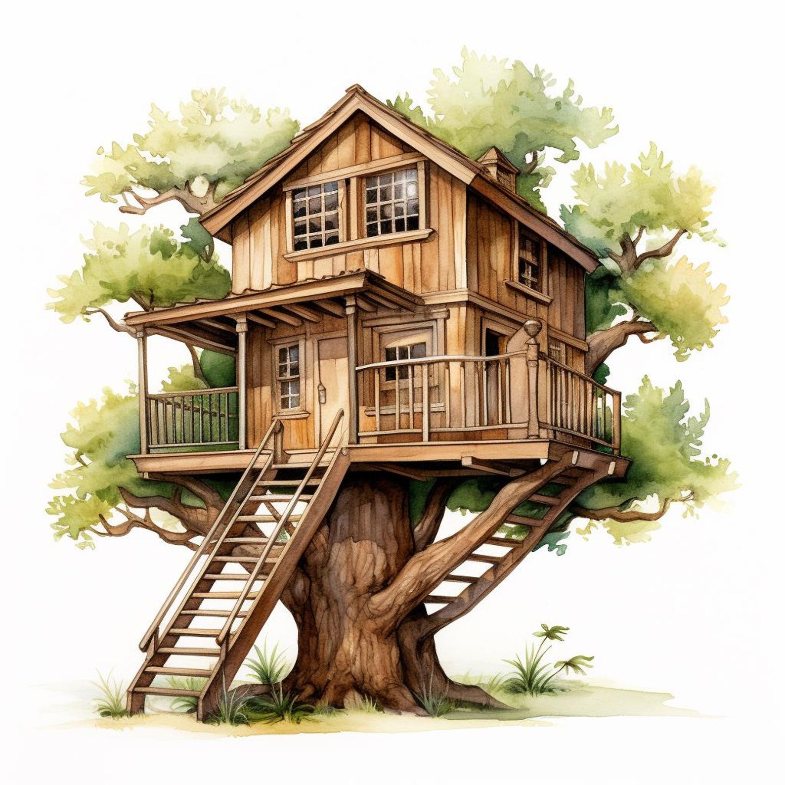 Cozy Wooden Treehouse, Charming Tree House, Printable Watercolor ...