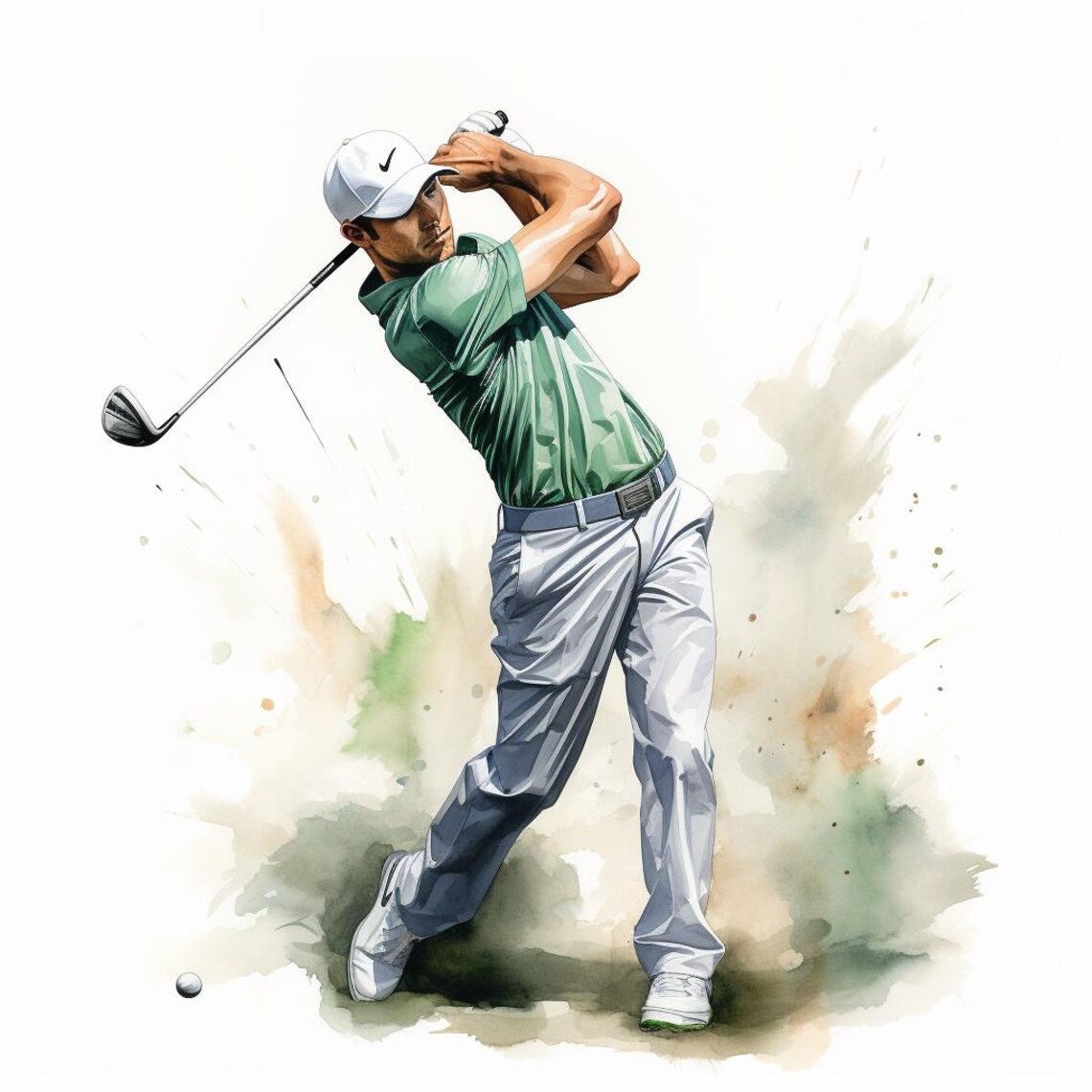 Golfer in Mid-swing, Printable Watercolor Clipart, 10 High Quality ...
