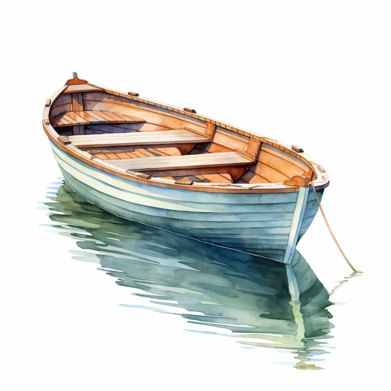 Wooden Boat on Water, Printable Watercolor Clipart Bundle, 10 High ...