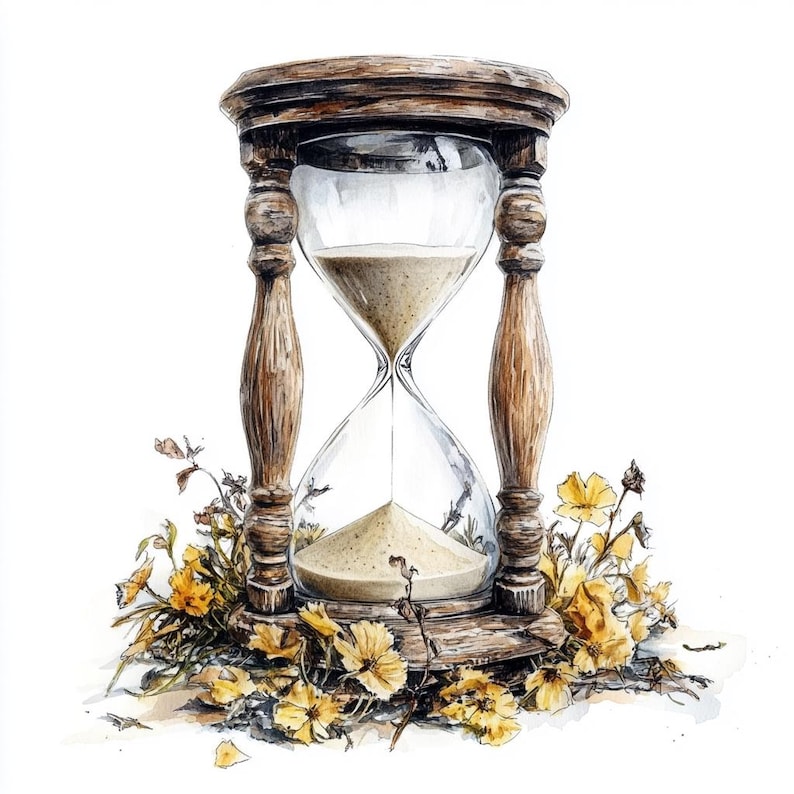 Hourglass With Wilted Flowers, Printable Watercolor Clipart, 10 High ...