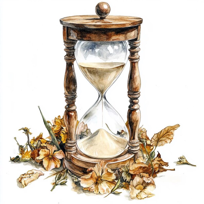 Hourglass With Wilted Flowers, Printable Watercolor Clipart, 10 High ...