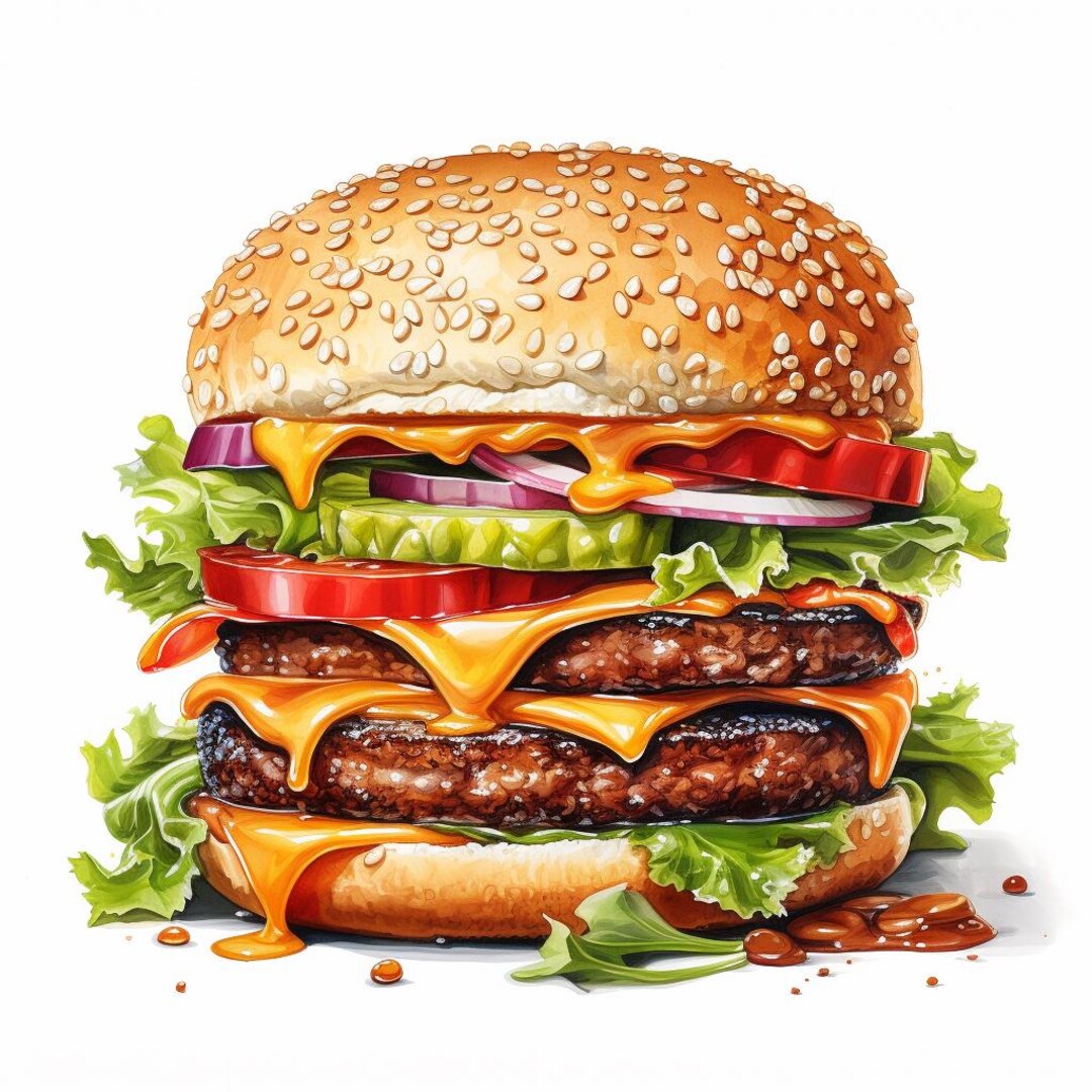 Burger, Printable Watercolor Clipart Bundle, 10 High Quality Watercolor ...