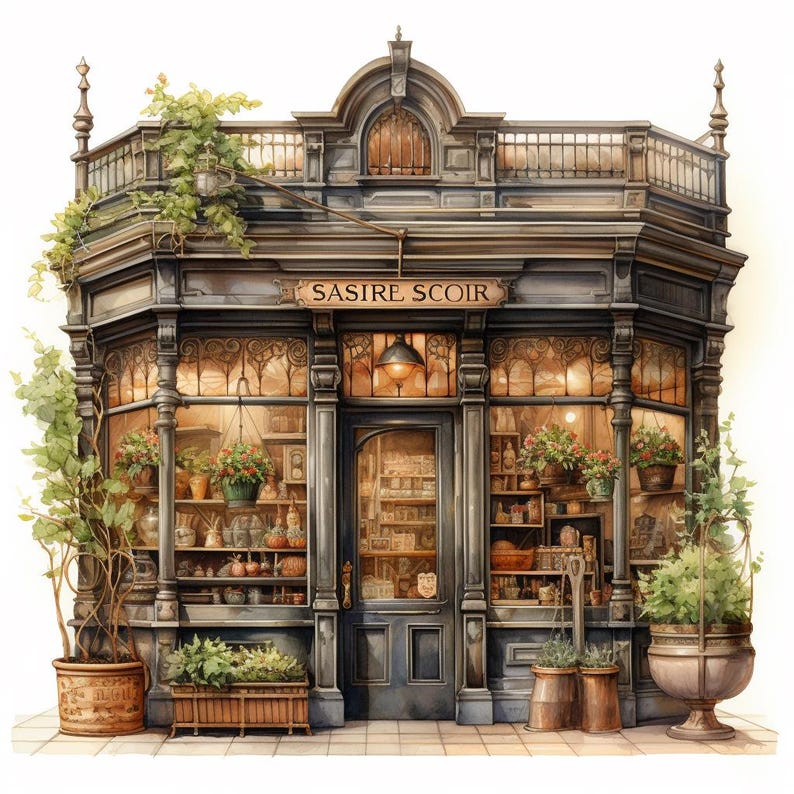 Beautiful Vintage Shop Facade, Printable Watercolor Clipart, 10 High ...