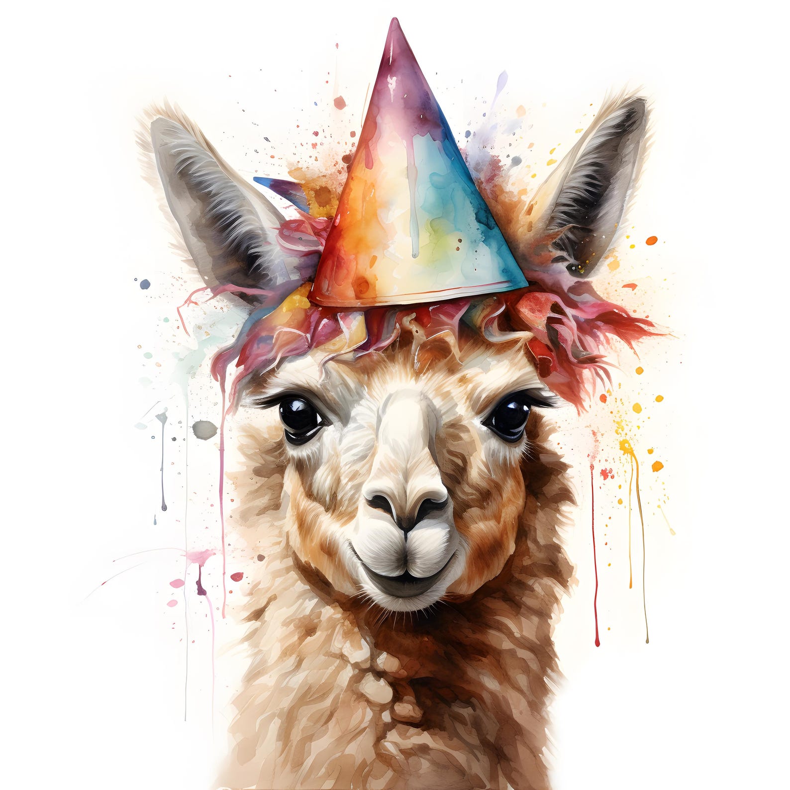 Alpaca in a Birthday Hat, Printable Watercolor Clipart, 10 High Quality ...