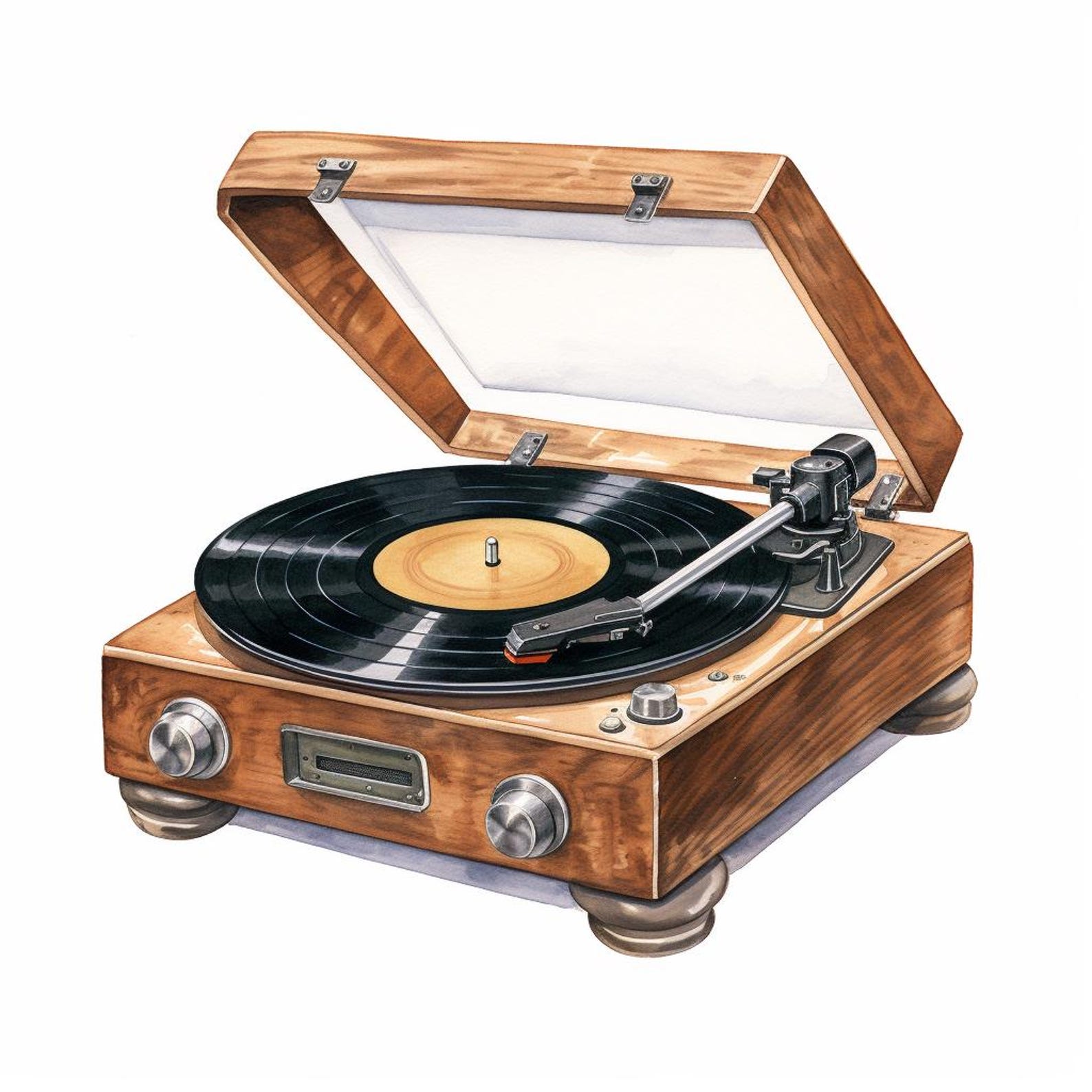 Vintage Vinyl Record Player, Printable Watercolor Clipart, 10 High ...