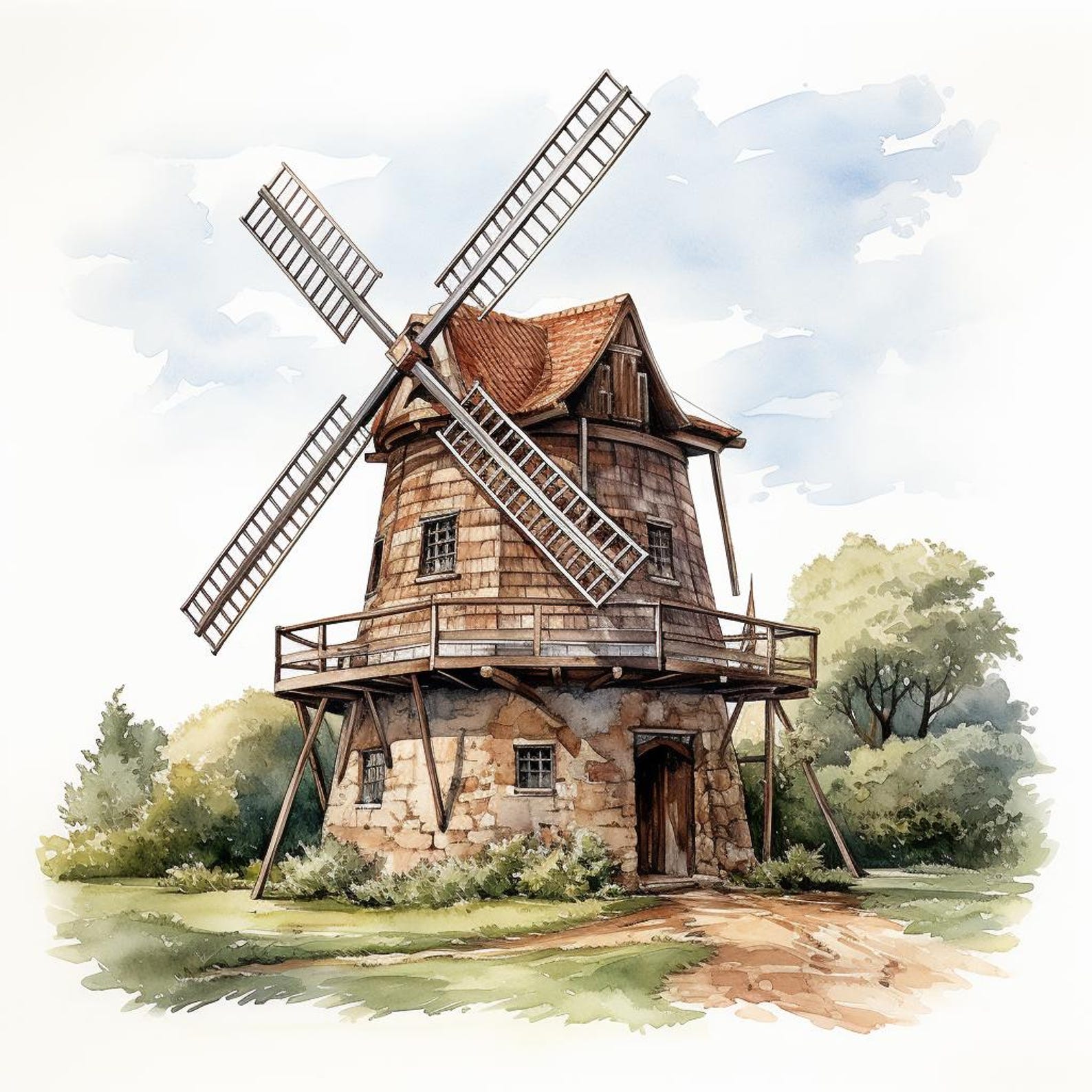 Windmill, Printable Watercolor Clipart Bundle, 10 High Quality ...