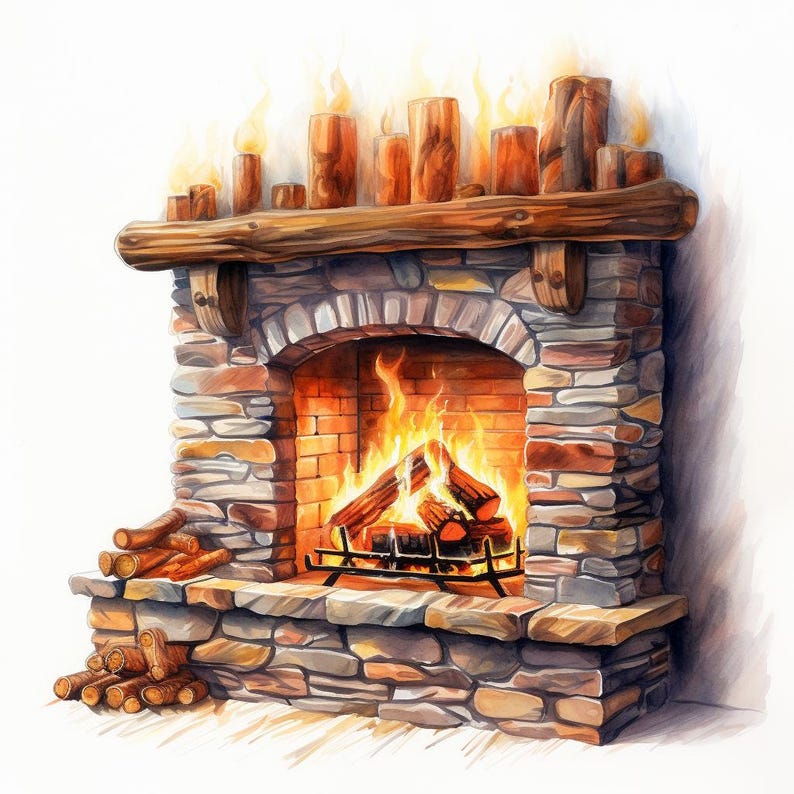 Cozy Stone Fireplace, Printable Watercolor Clipart, 10 High Quality ...