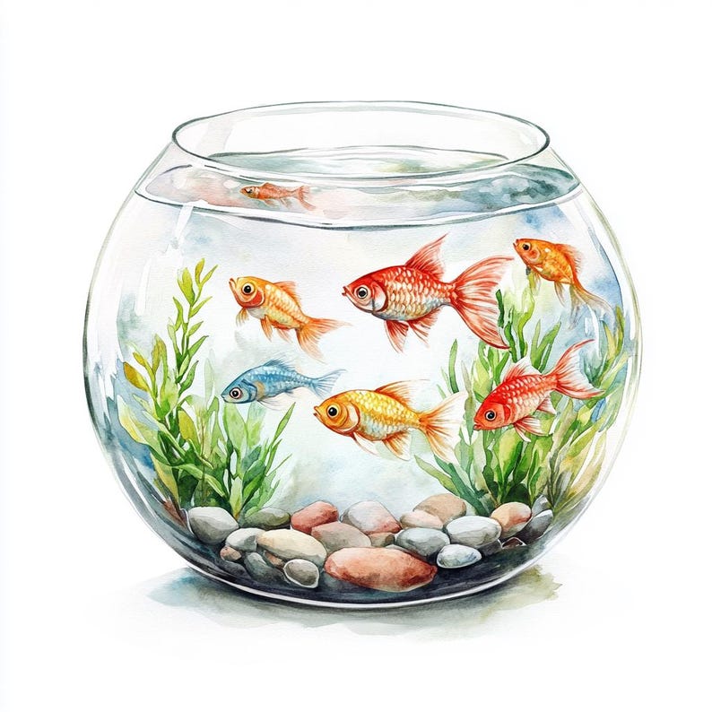 Round Fishbowl Aquarium, Home Fish Tank, Printable Watercolor Clipart ...