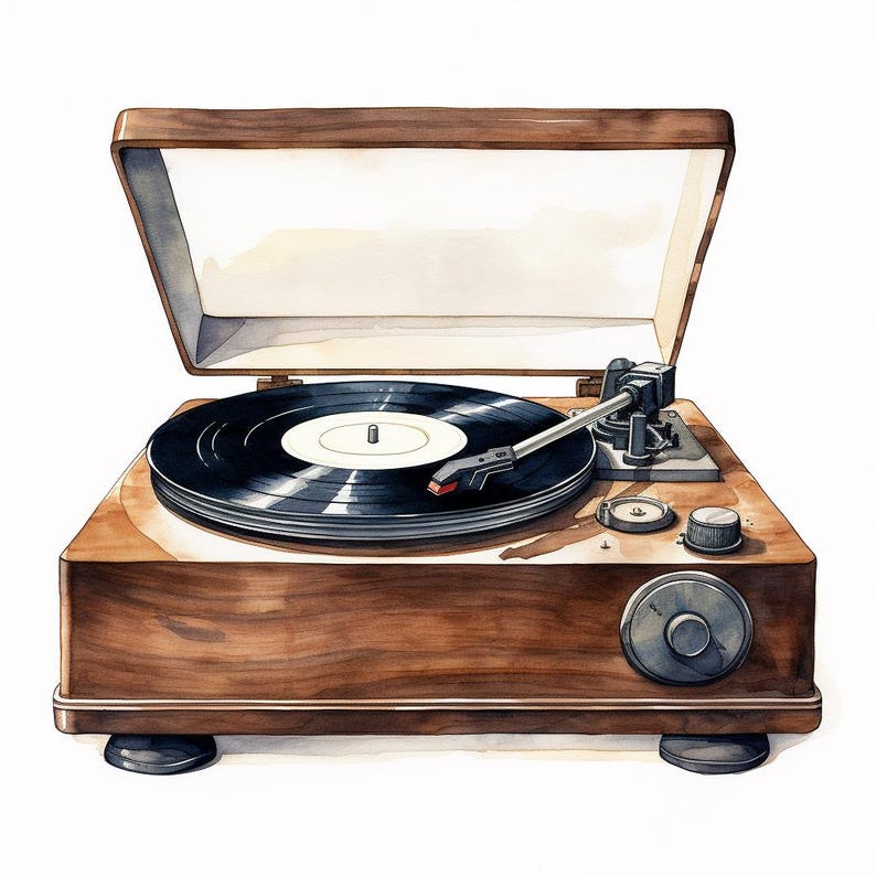 Vintage Vinyl Record Player, Printable Watercolor Clipart, 10 High ...