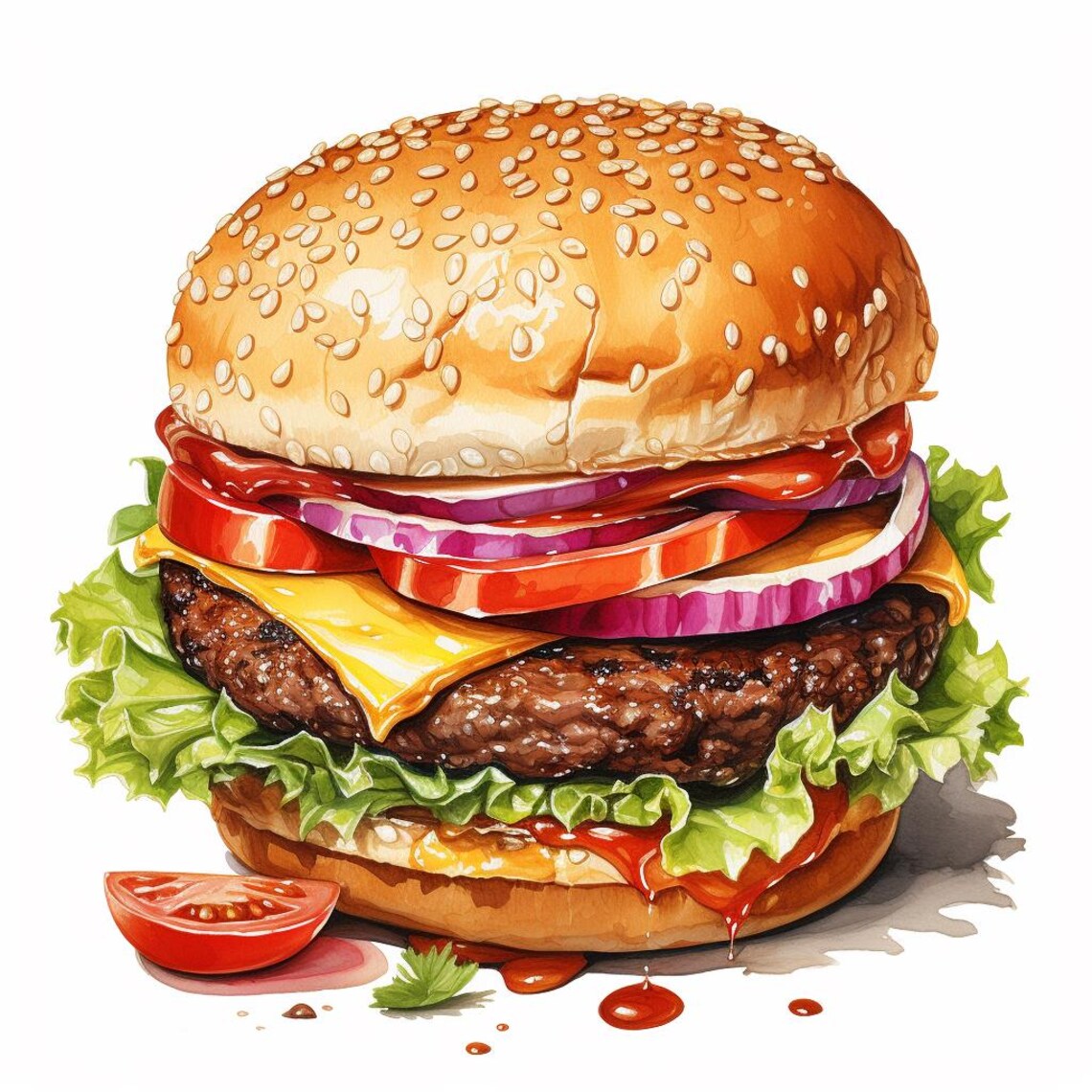 Burger, Printable Watercolor Clipart Bundle, 10 High Quality Watercolor ...