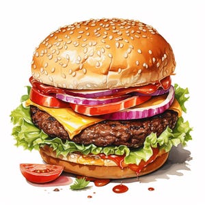 Burger, Printable Watercolor Clipart Bundle, 10 High Quality Watercolor ...