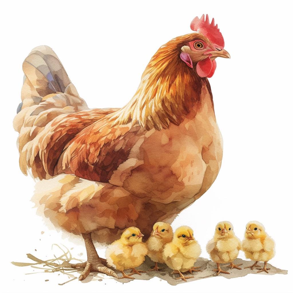 Hen and Chicks, Mother Hen, Printable Watercolor Clipart Bundle, 10 ...