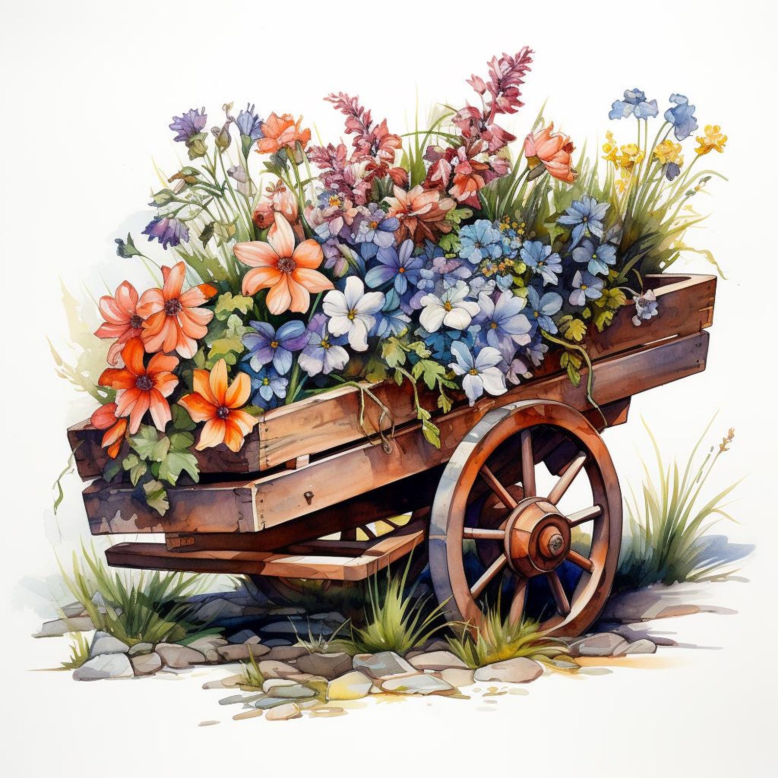 Vintage Wooden Wheelbarrows With Flowers, Printable Watercolor Clipart ...