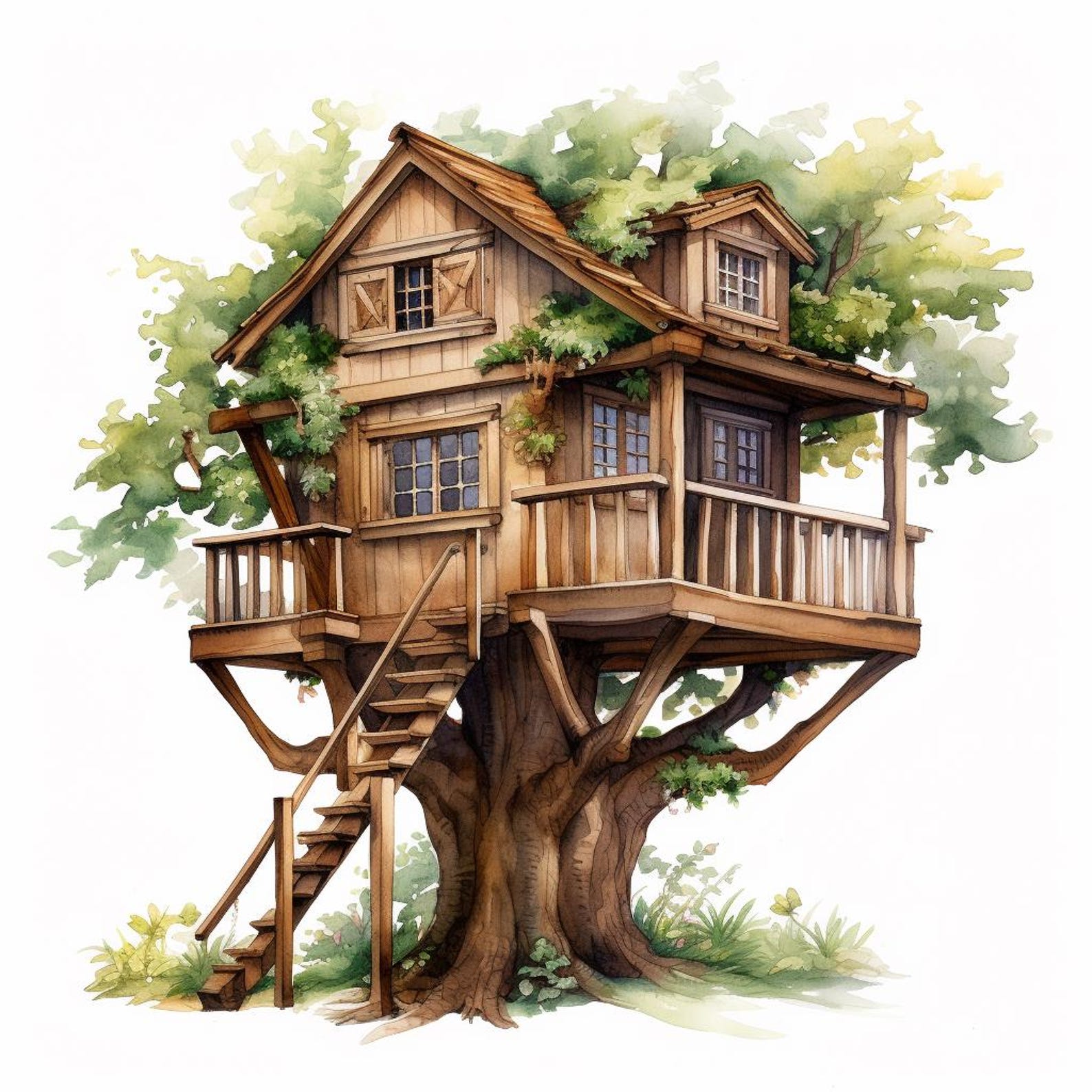 Cozy Wooden Treehouse, Charming Tree House, Printable Watercolor ...