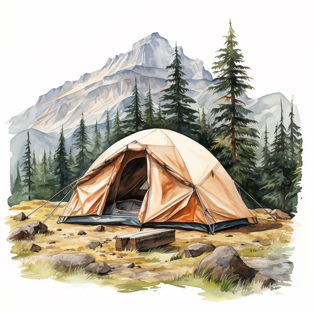 Camping Tent in Forest, Printable Watercolor Clipart, 10 High Quality ...