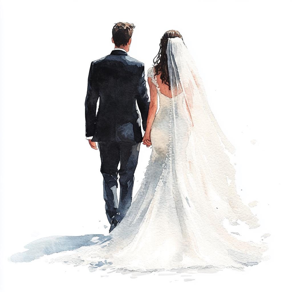 Wedding Couple From Behind, Bride and Groom, Printable Watercolor ...