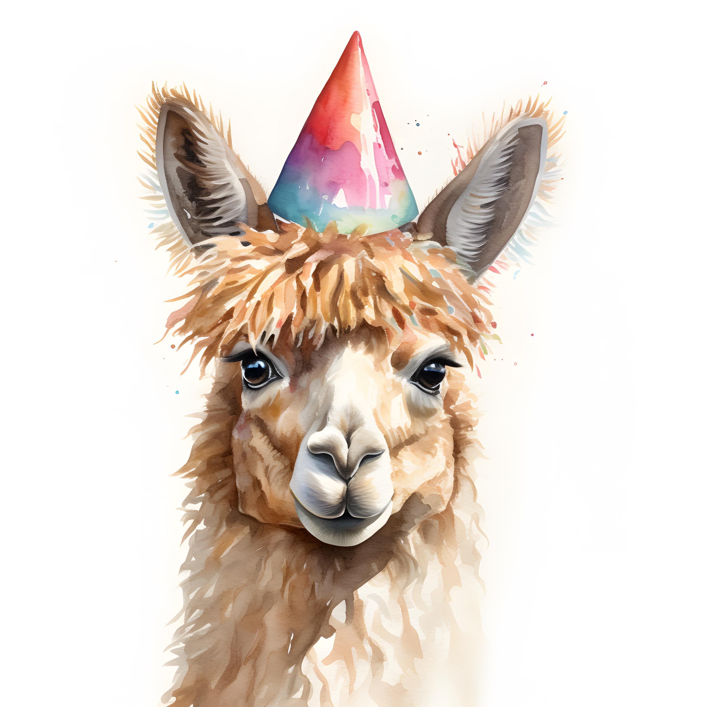 Alpaca in a Birthday Hat, Printable Watercolor Clipart, 10 High Quality ...