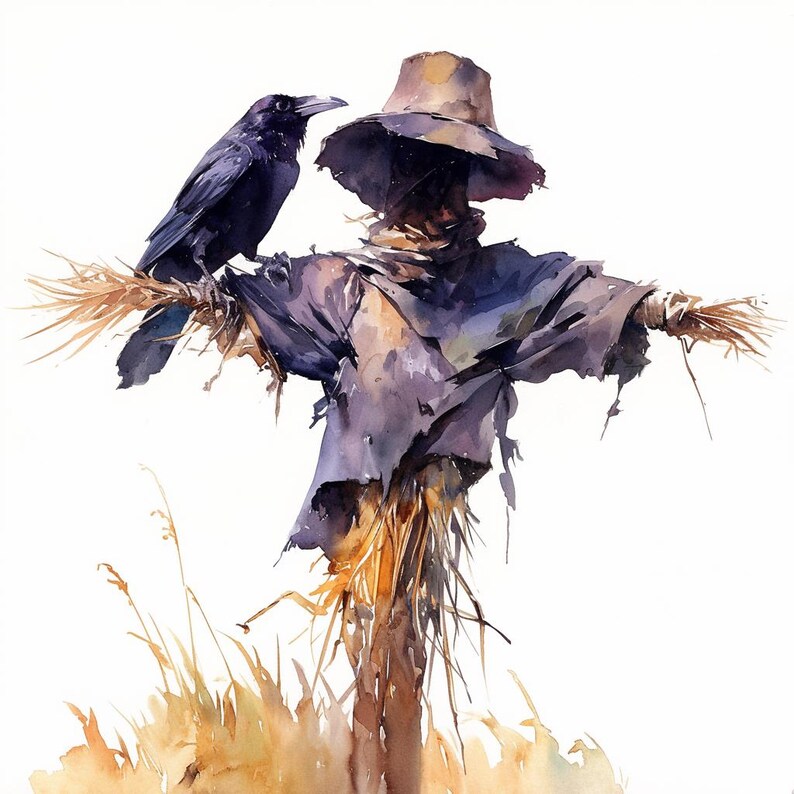 Crow Sitting on Scarecrow, Printable Watercolor Clipart Bundle, 10 High ...
