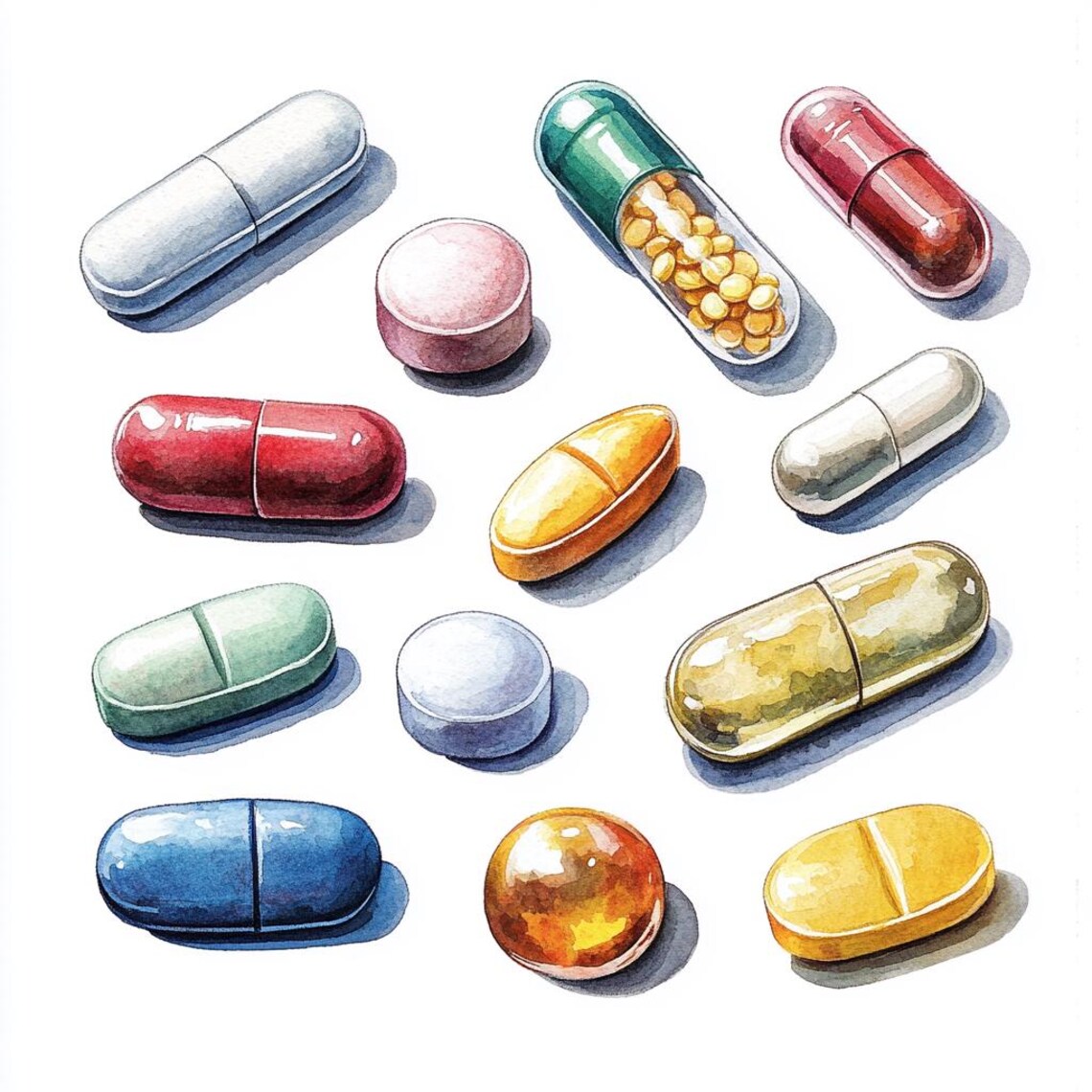 Watercolor Pills Clipart: Vitamin Complex Illustration, 10 Watercolor ...