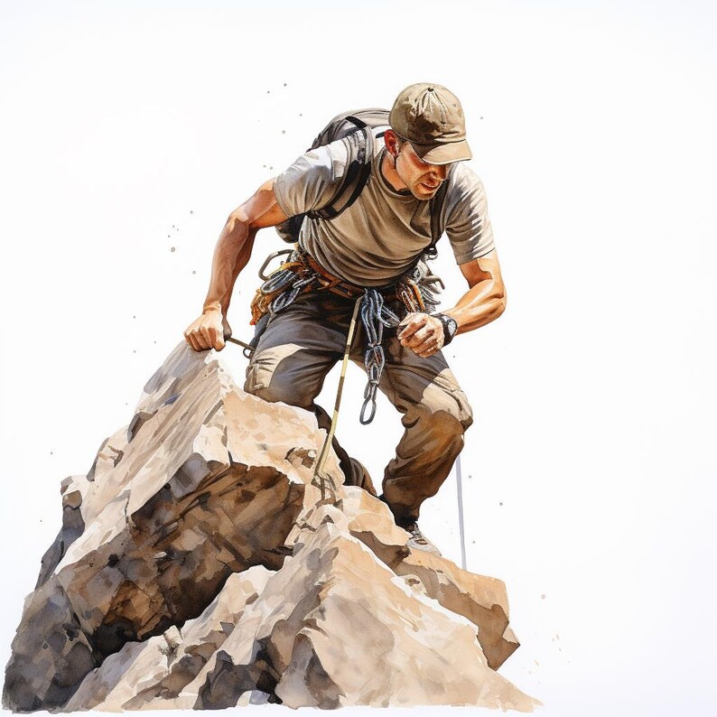 A Climber Climbs a Mountain, Printable Watercolor Clipart, 10 High ...