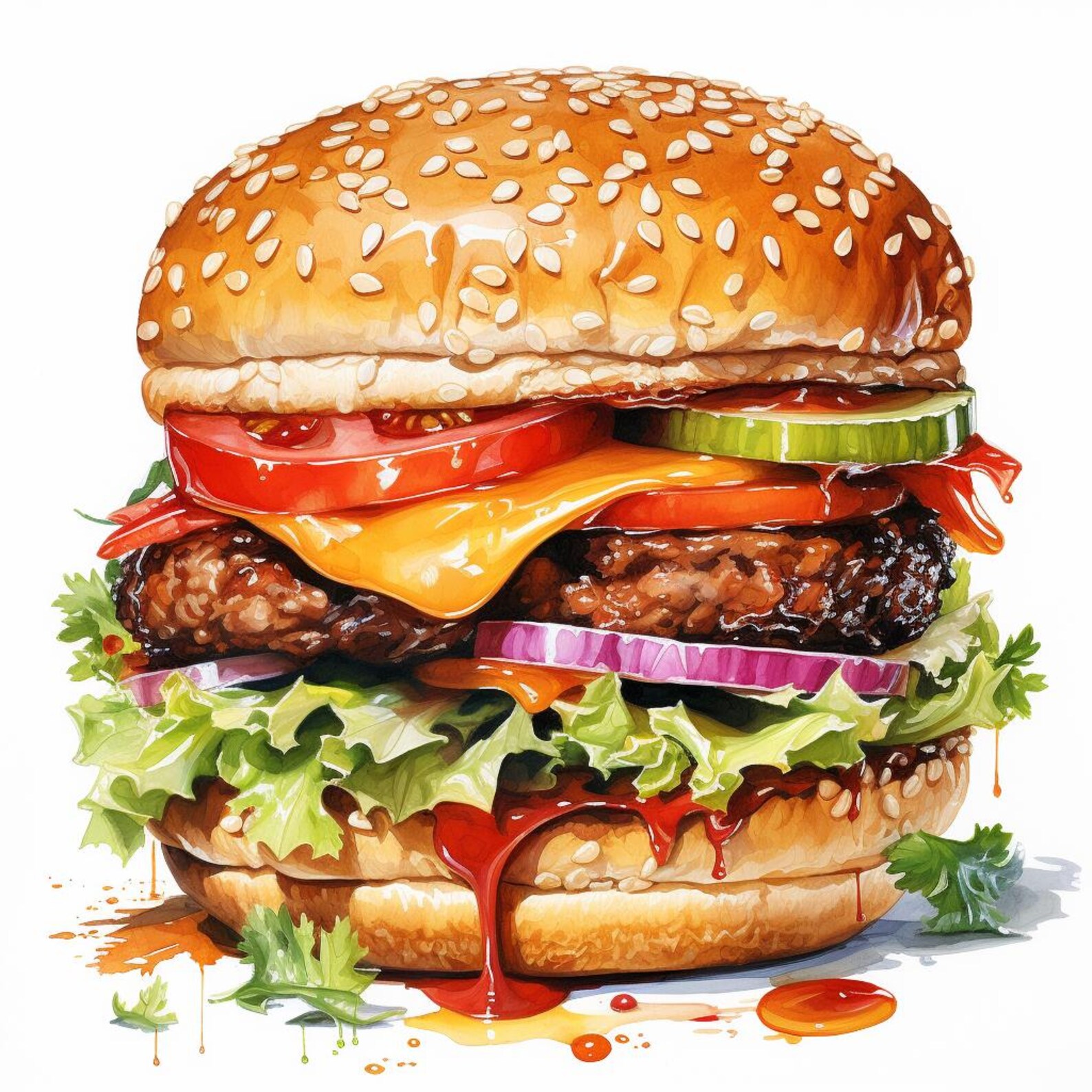 Burger, Printable Watercolor Clipart Bundle, 10 High Quality Watercolor ...