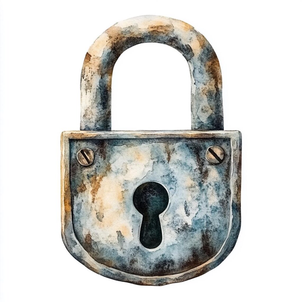 Vintage Padlock, Printable Watercolor Clipart, 10 High Quality ...