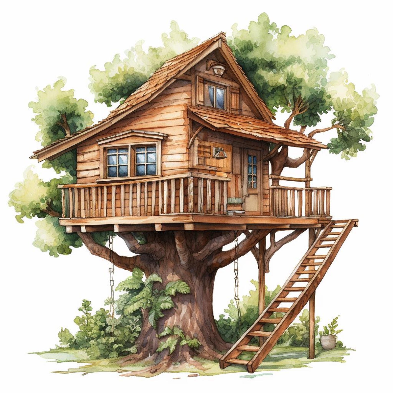 Cozy Wooden Treehouse, Charming Tree House, Printable Watercolor ...