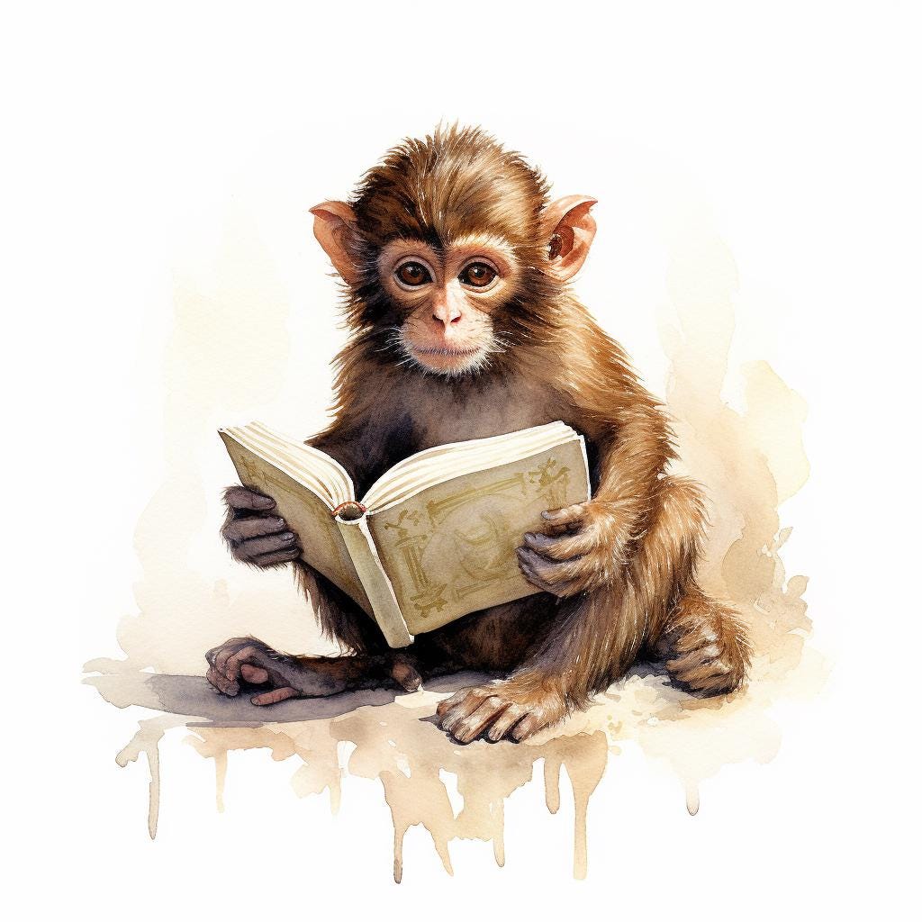 Monkey Reading, Printable Watercolor Clipart, 10 High Quality ...