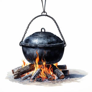 Cauldron Over Fire, Printable Watercolor Clipart, 10 High Quality ...