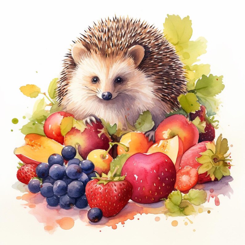 Hedgehog With Vegetables, Printable Watercolor Clipart, 10 High Quality ...