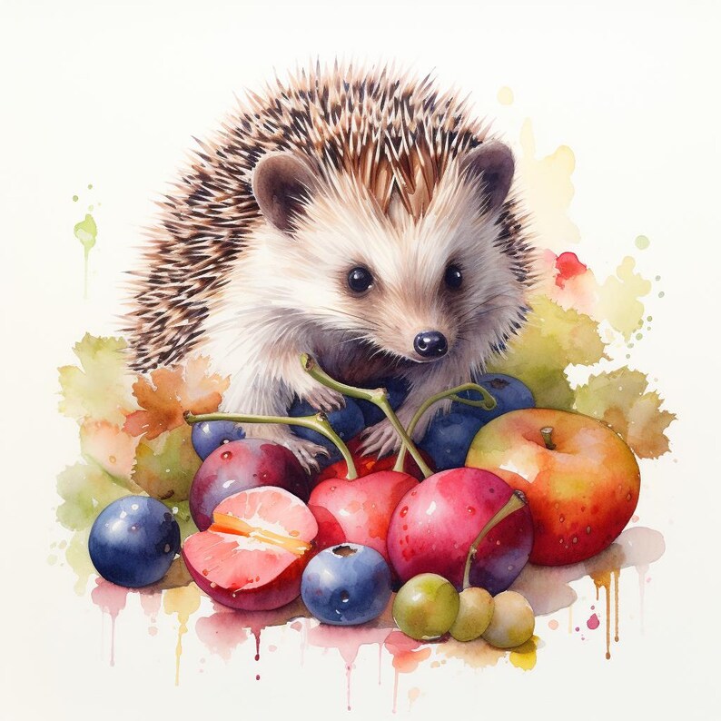 Hedgehog With Vegetables, Printable Watercolor Clipart, 10 High Quality ...