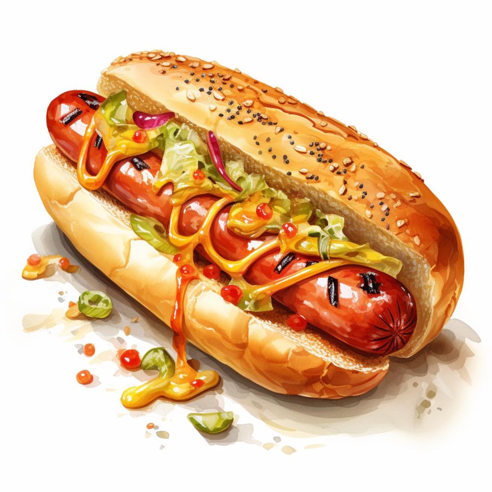 Watercolor Hot Dog Clipart Bundle: Fast Food Art, 10 Watercolor JPG ...