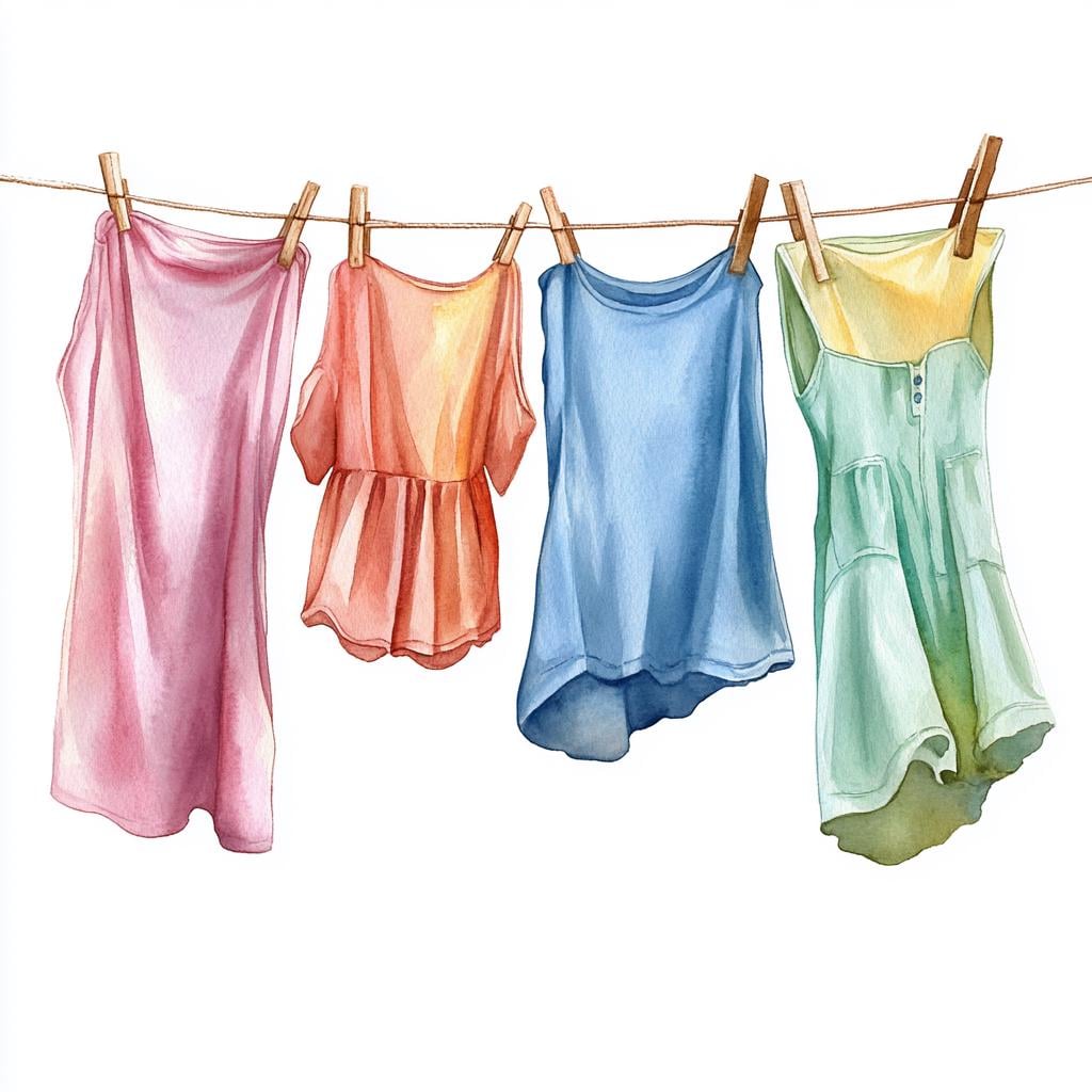Clothes Hanging on a Line, Printable Watercolor Clipart, 10 High ...