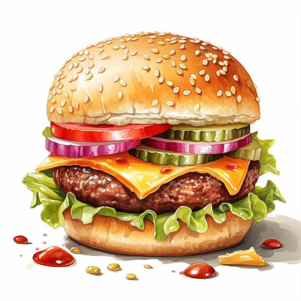 Burger, Printable Watercolor Clipart Bundle, 10 High Quality Watercolor ...