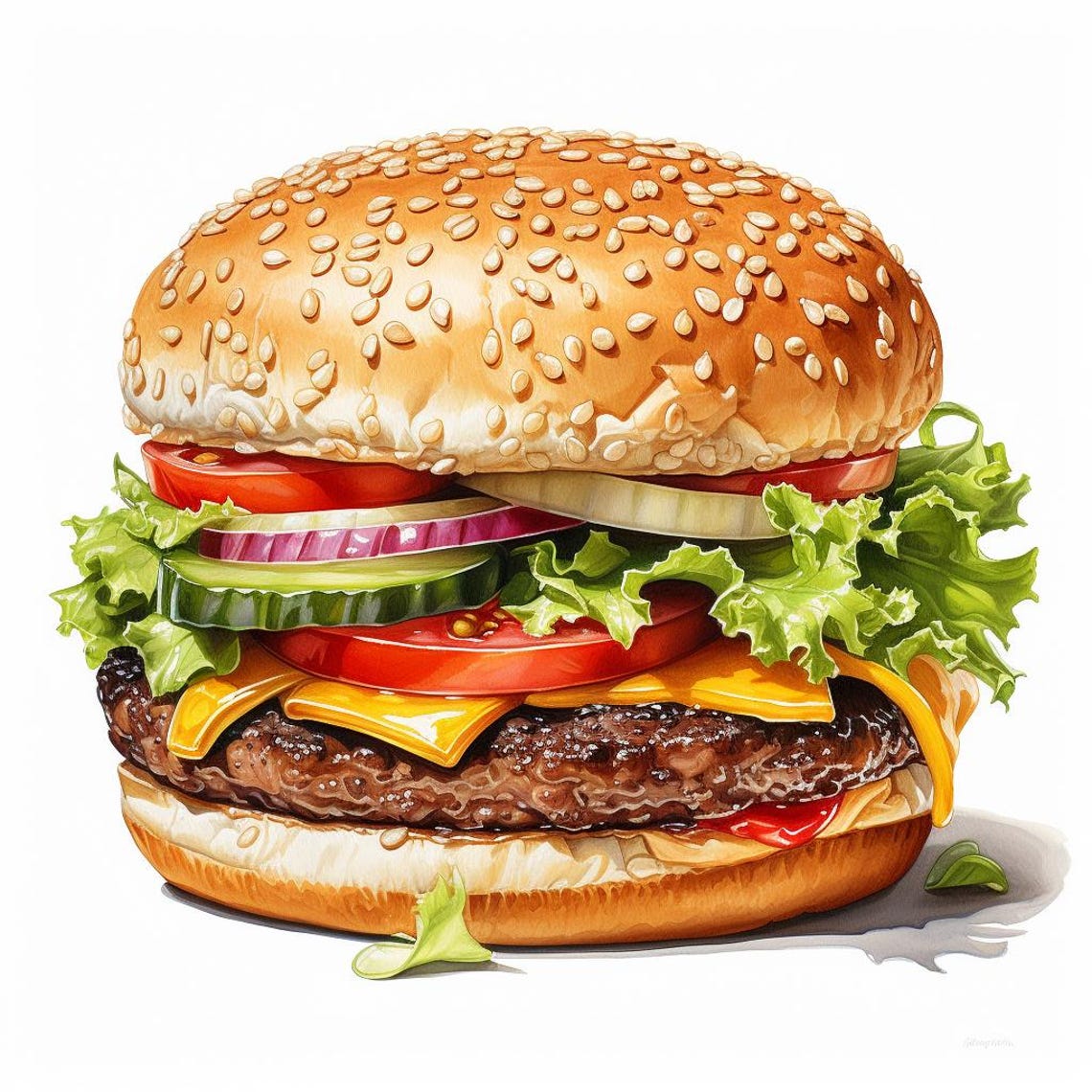 Burger, Printable Watercolor Clipart Bundle, 10 High Quality Watercolor ...