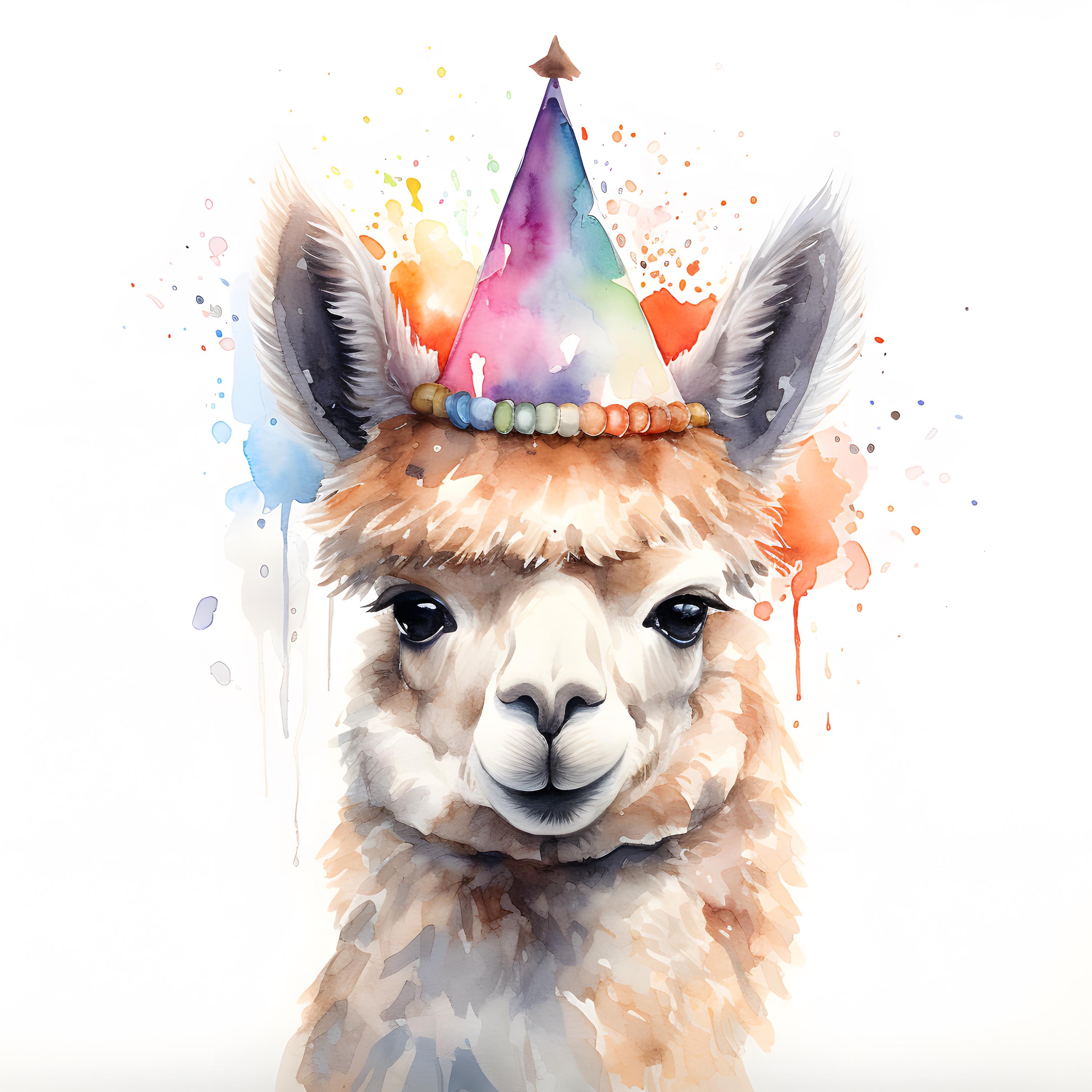 Alpaca in a Birthday Hat, Printable Watercolor Clipart, 10 High Quality ...