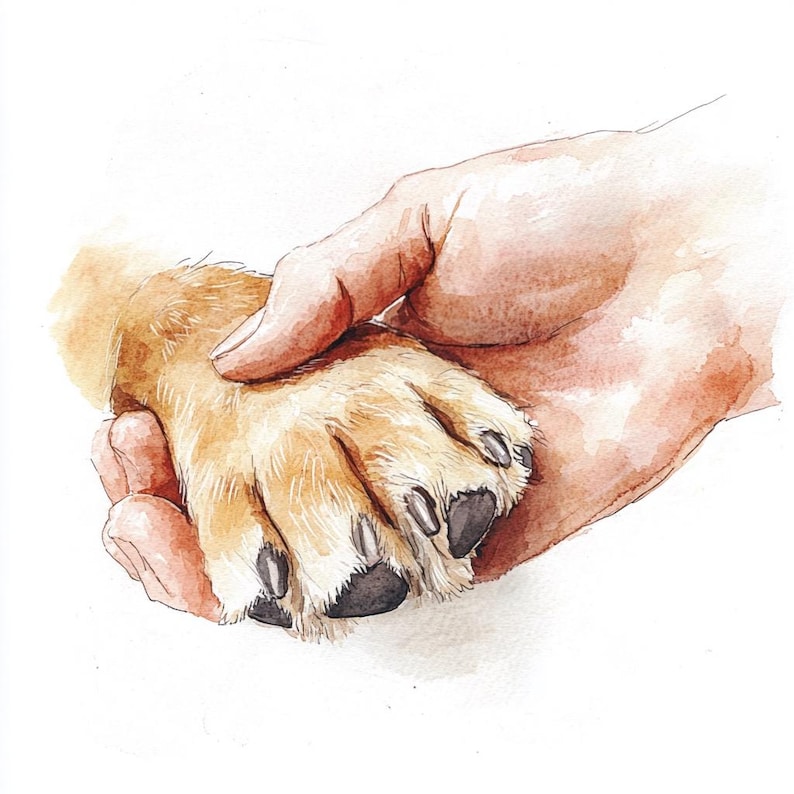 Hand Holding a Dog's Paw, Printable Watercolor Clipart, 10 High Quality ...