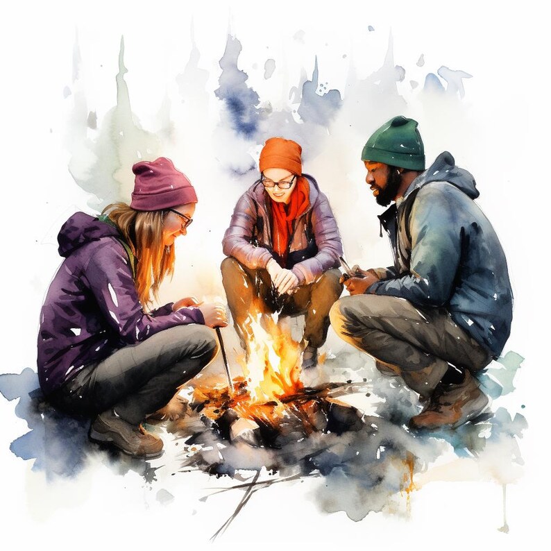 People Sitting by the Campfire, Printable Watercolor Clipart, 10 High ...
