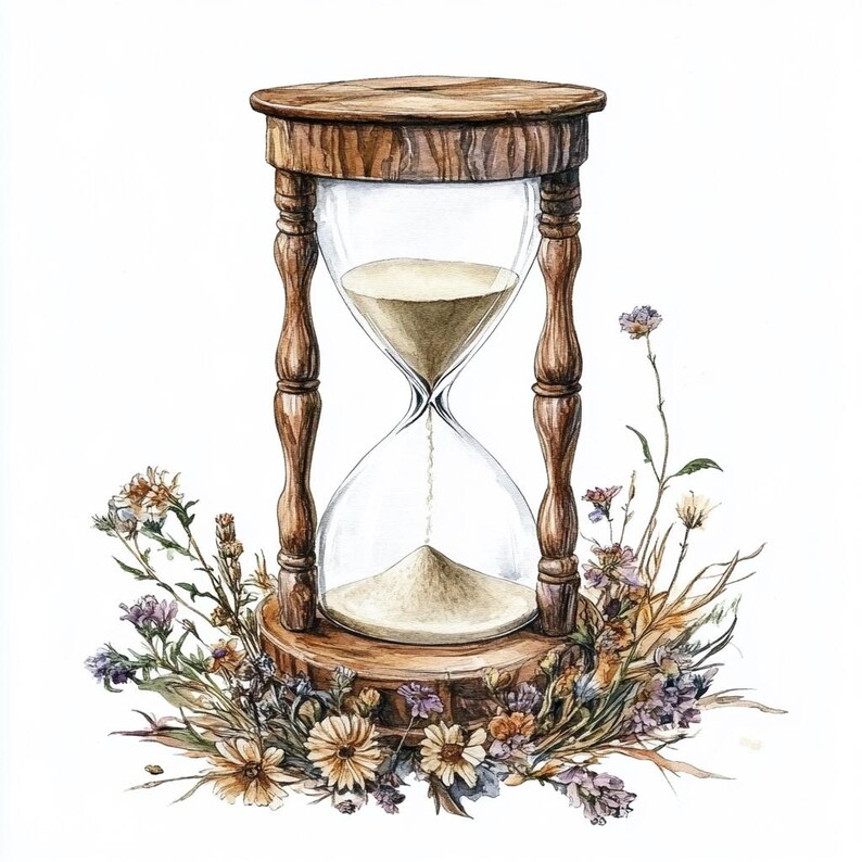 Hourglass With Wilted Flowers, Printable Watercolor Clipart, 10 High ...