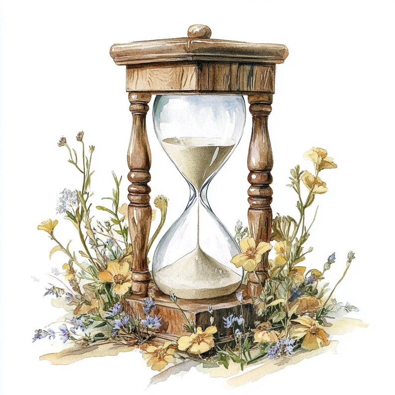 Hourglass With Wilted Flowers, Printable Watercolor Clipart, 10 High ...