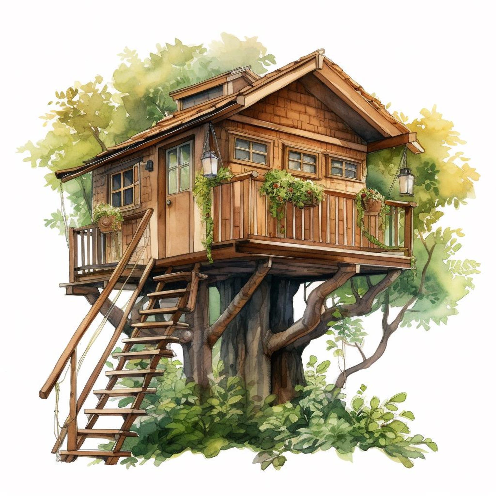Cozy Wooden Treehouse, Charming Tree House, Printable Watercolor ...
