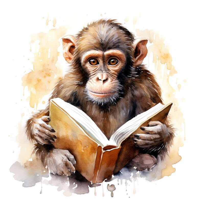Monkey Reading, Printable Watercolor Clipart, 10 High Quality ...