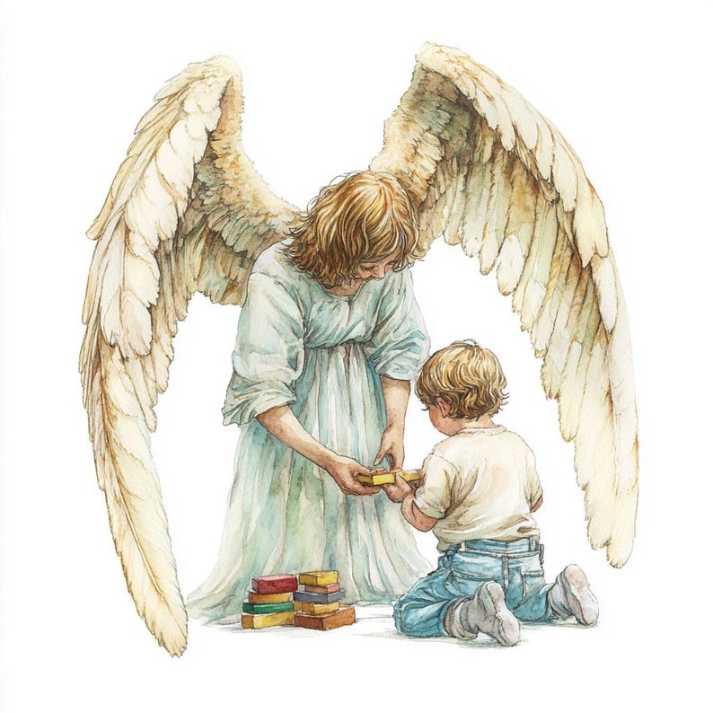 Guardian Angel Playing With Child, Printable Watercolor Clipart Bundle ...