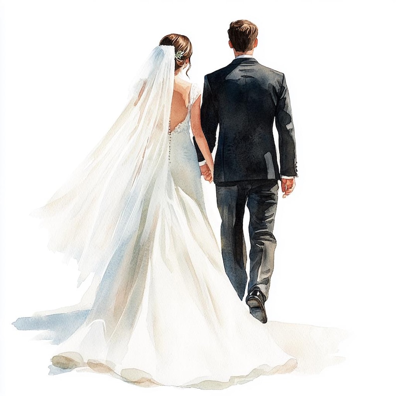 Wedding Couple From Behind, Bride and Groom, Printable Watercolor ...