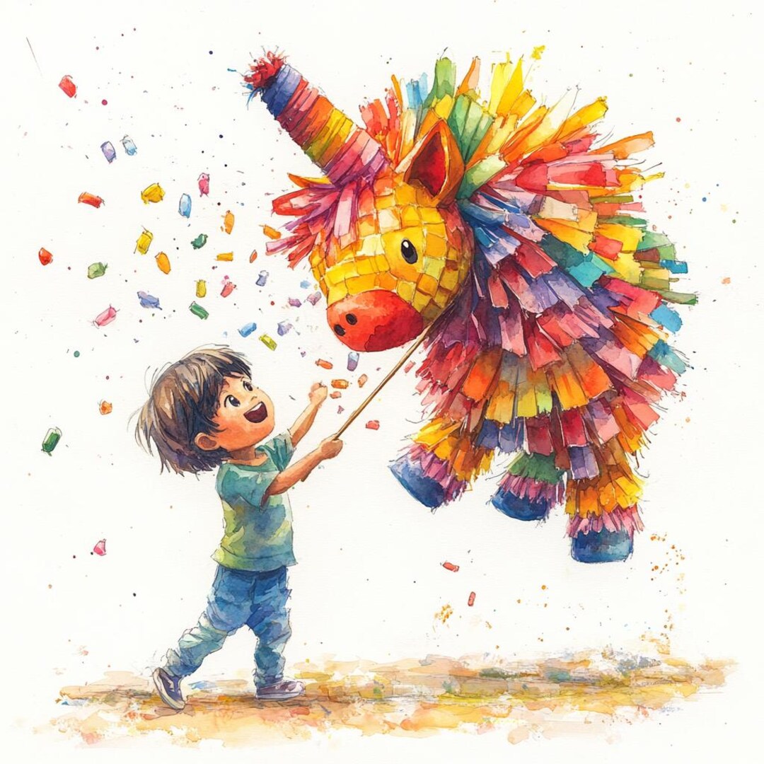 Little Boy Breaking a Pinata, Printable Watercolor Clipart, 10 High ...