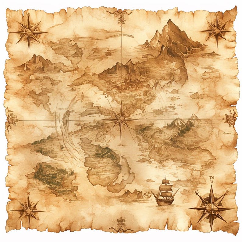 Shabby Treasure Map Illustration, Vintage Pirate Map, Printable ...