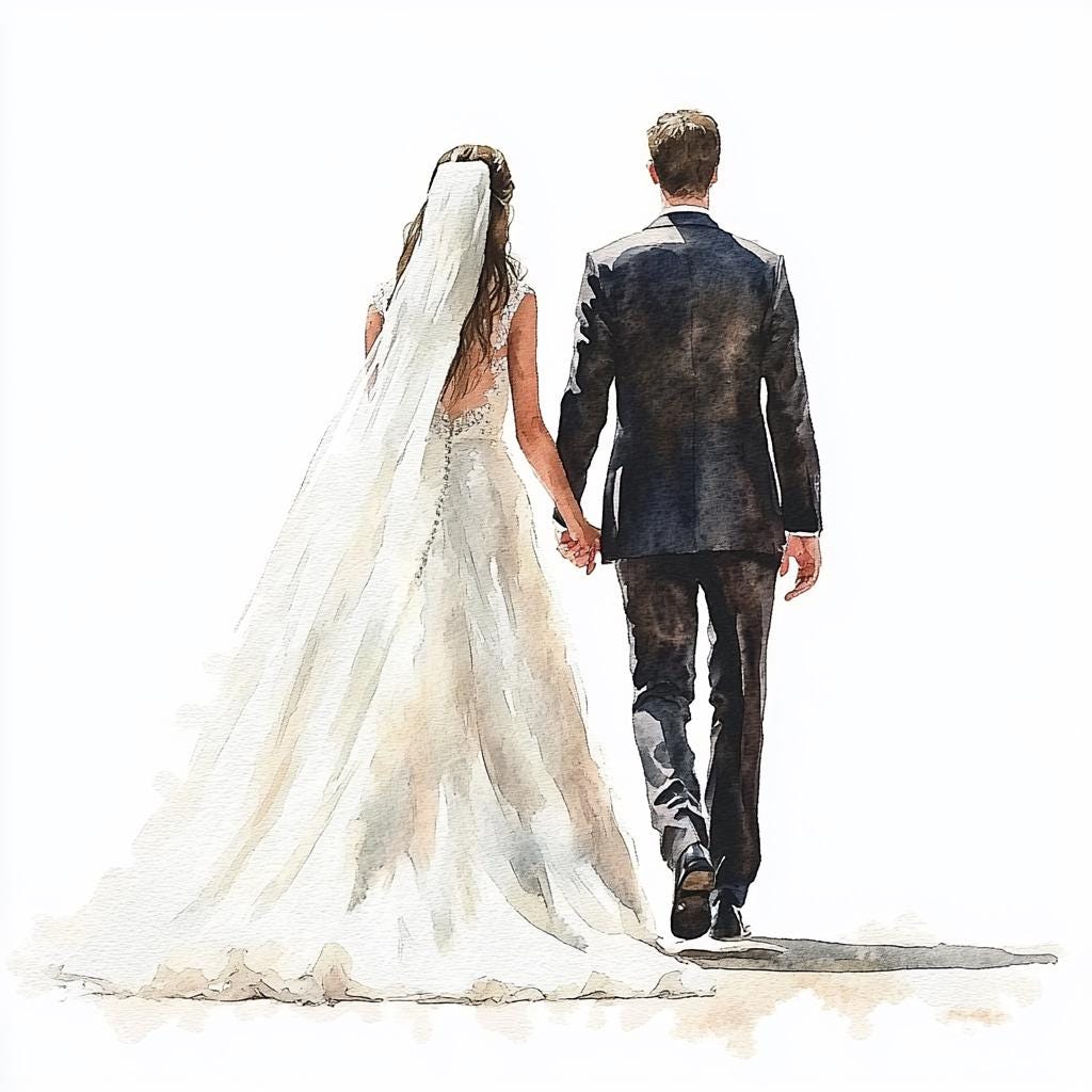 Wedding Couple From Behind, Bride and Groom, Printable Watercolor ...